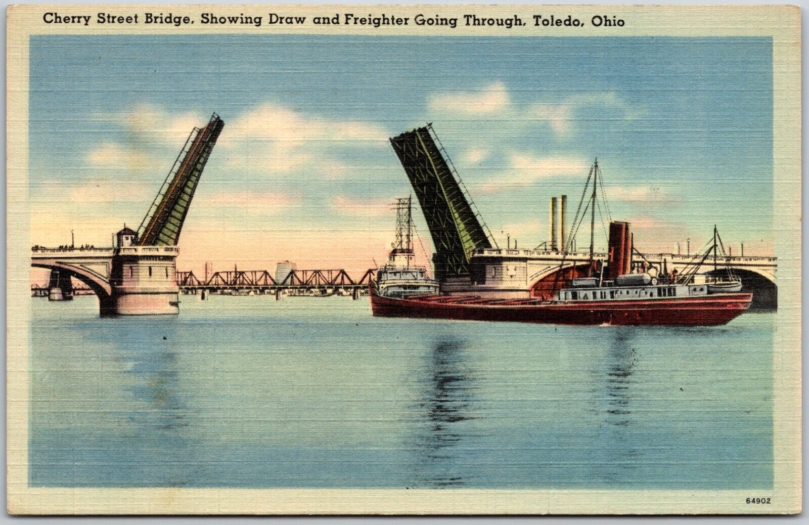 Cherry Street Bridge, Showing Draw & Freighter, Toledo, Ohio - Postcard ...