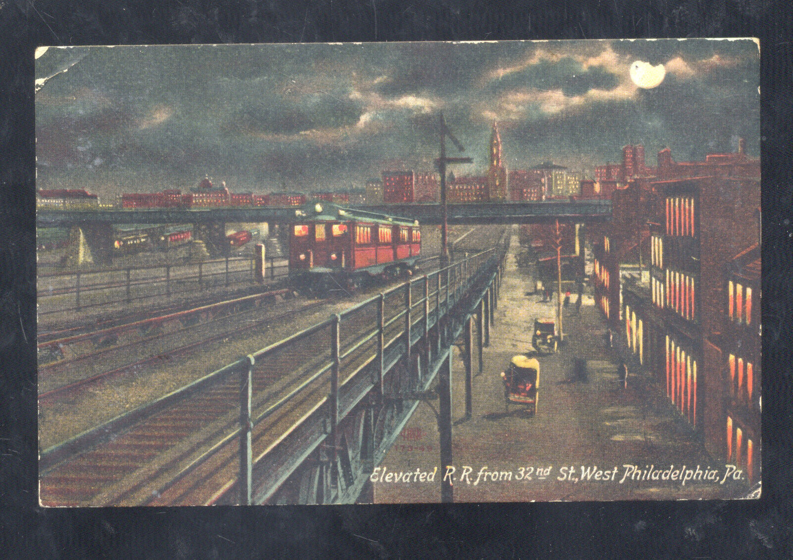 Philadelphia Pennsylvania PA. Elevated Railroad Train at Night Vintage ...