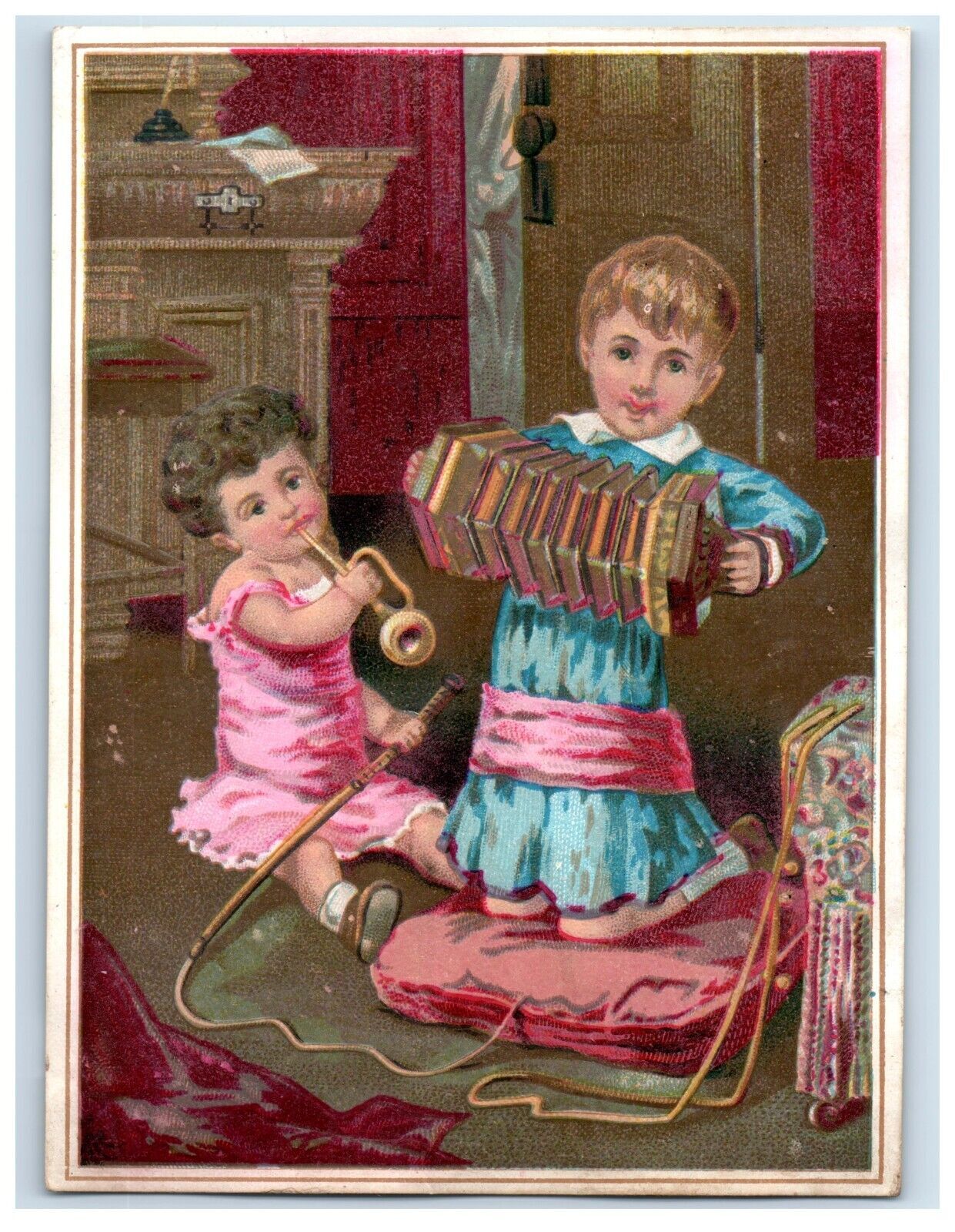 1880s F. Feiling Mfg. Upright Pianos Children Playing Trumpet Accordion ...