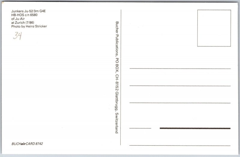 Airplane Junkers Ju 52/3M G4E HB-HOS c/n 6580 Ju-Air at Zurich Postcard ...