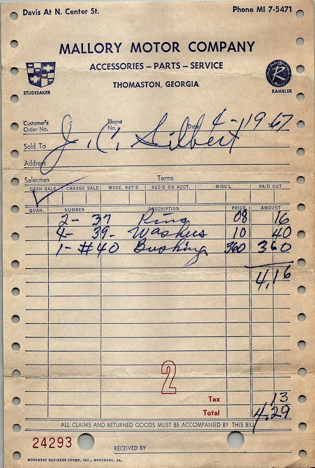 1967 Studebaker Rambler Dealer Mallory Motor CO Thomaston Georgia ...