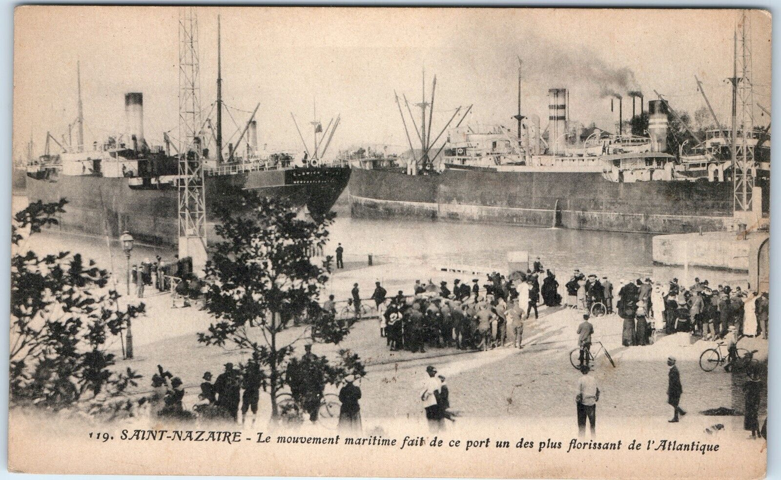 c1900s Saint-Nazaire, France Steamship Port Ships Crowd Bicycles Towers ...