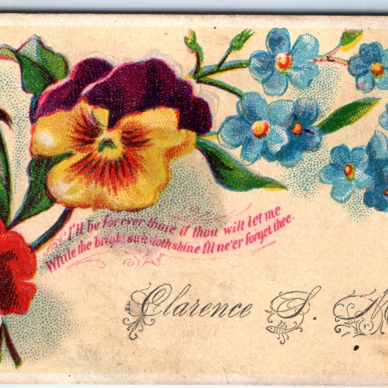 c1880s Calling Card Name Clarence Marcy Trade Card Poem Flower Business ...