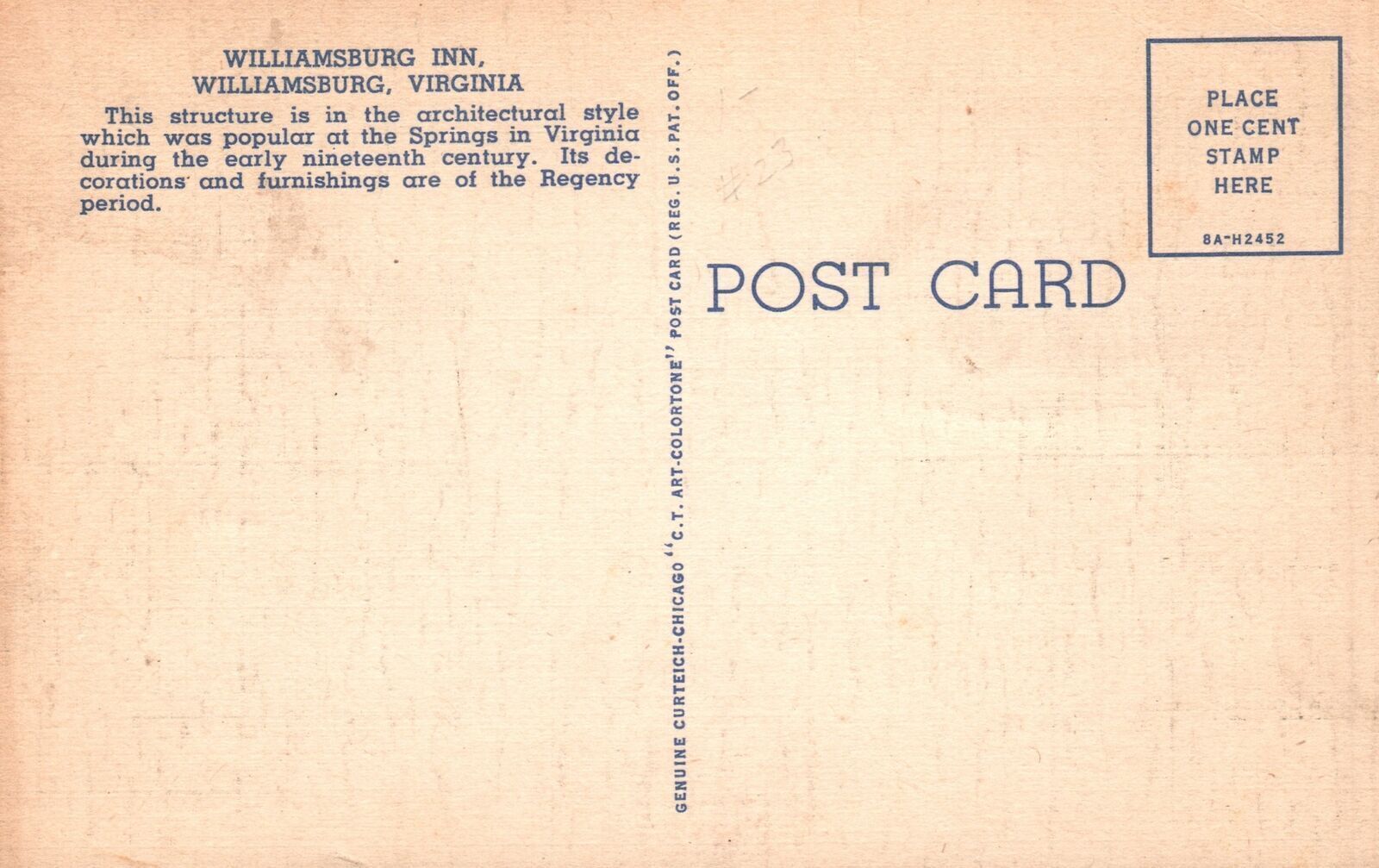 Vintage Postcard 1930's Williamsburg Inn Hotel Williamsburg Virginia VA ...