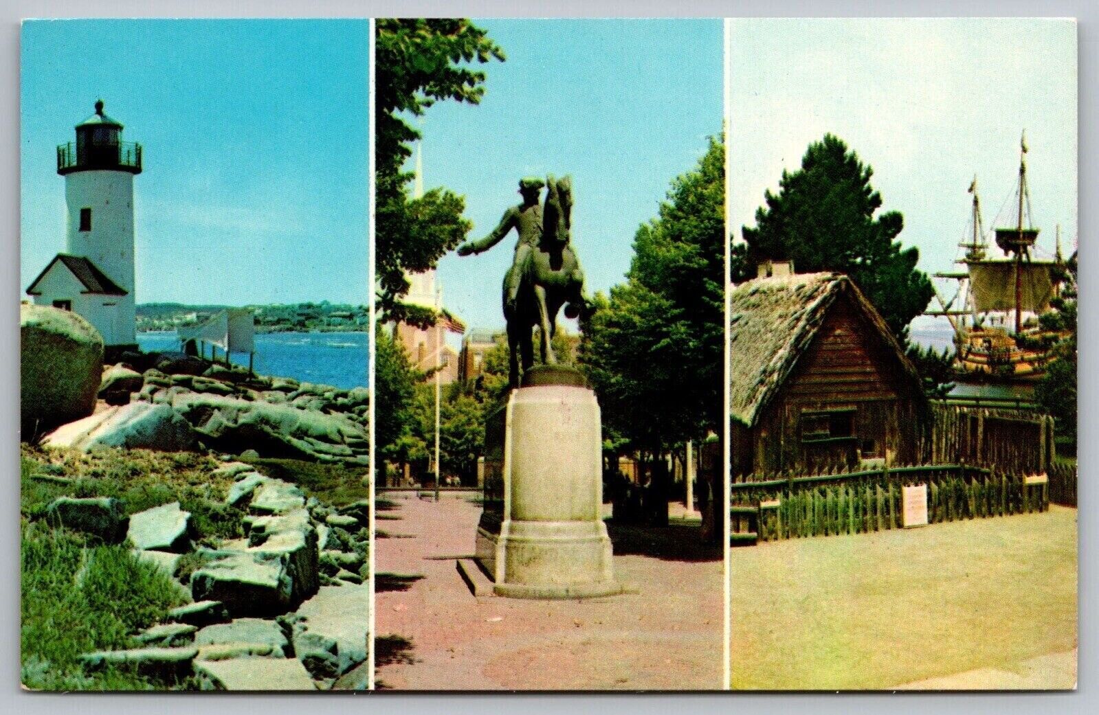 Postcard Massachusetts Multi View Statue Monument Shoreline Oceanfront ...