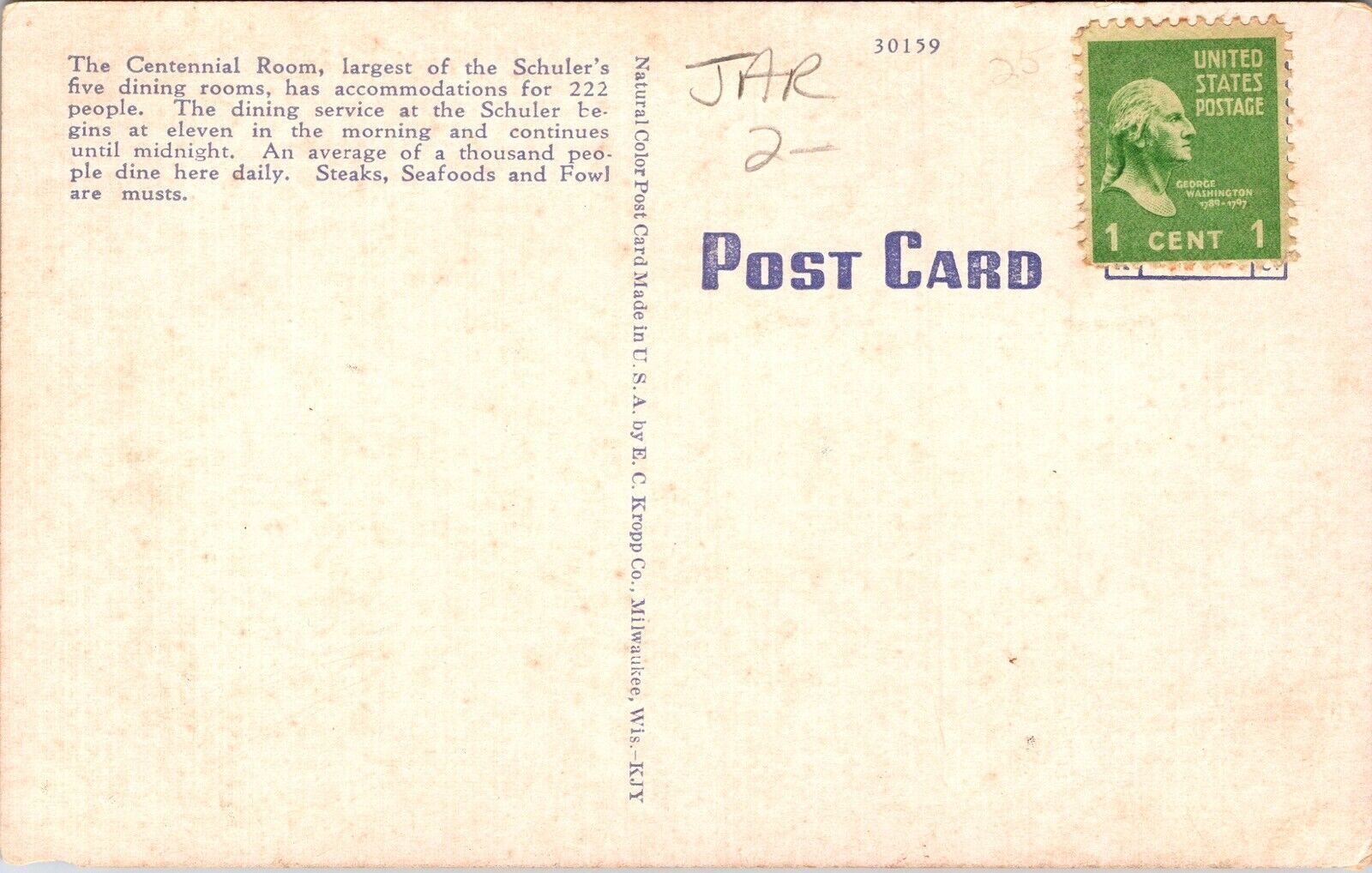 Centennial Room Hotel Schuler Marshall Michigan Dual View Postcard EC ...