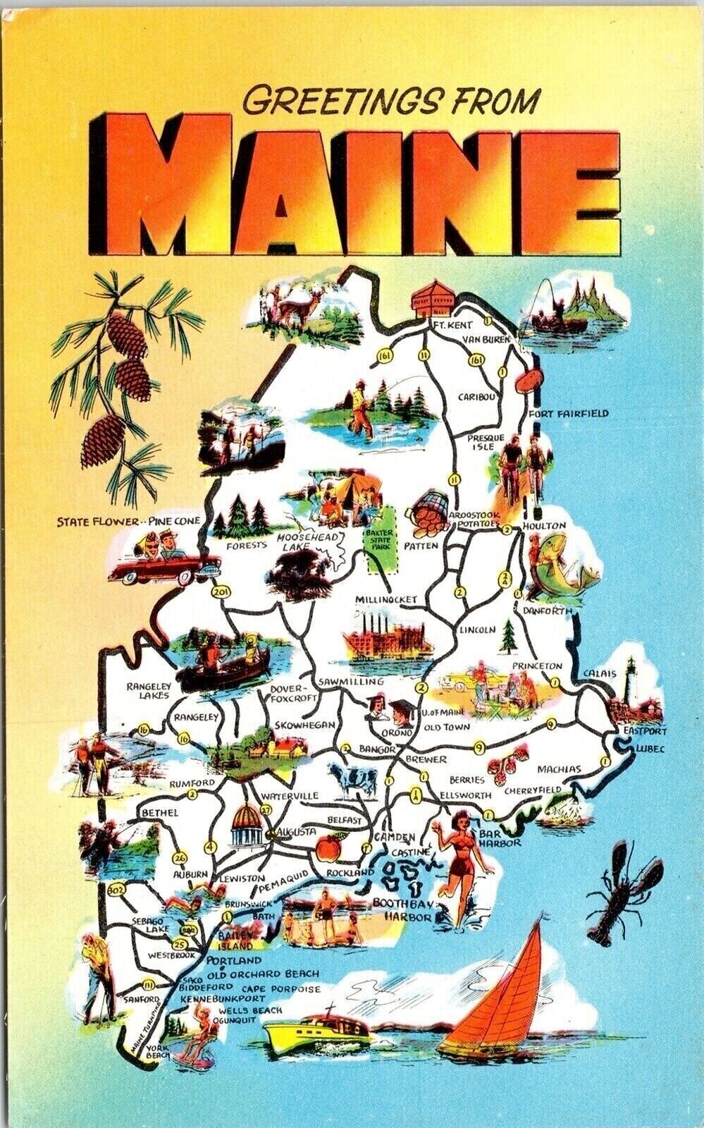 Greetings Maine Pine Tree State Map Cities Pine Cone Lobster DB PC ...