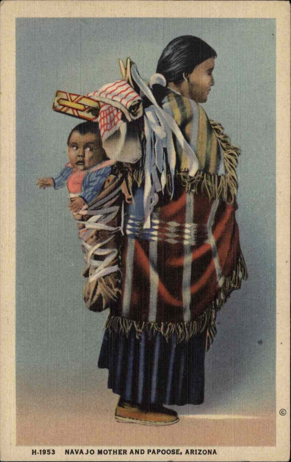 Arizona Fred Harvey Navajo Indigenous Mother and Papoose Linen Postcard ...