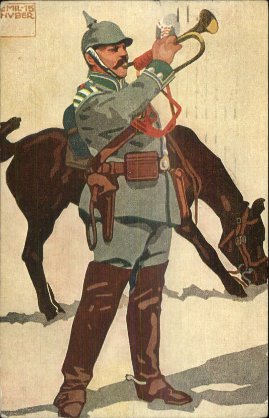 Military Art Deco Soldier Hun Helmet Horse Blowing Horn c1910 Postcard ...