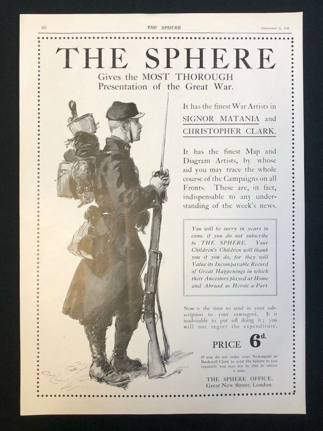 WW1 Era 1916 Newspaper Advert Page THE SPHERE, SOLDIER ILLUSTRATION 16 ...
