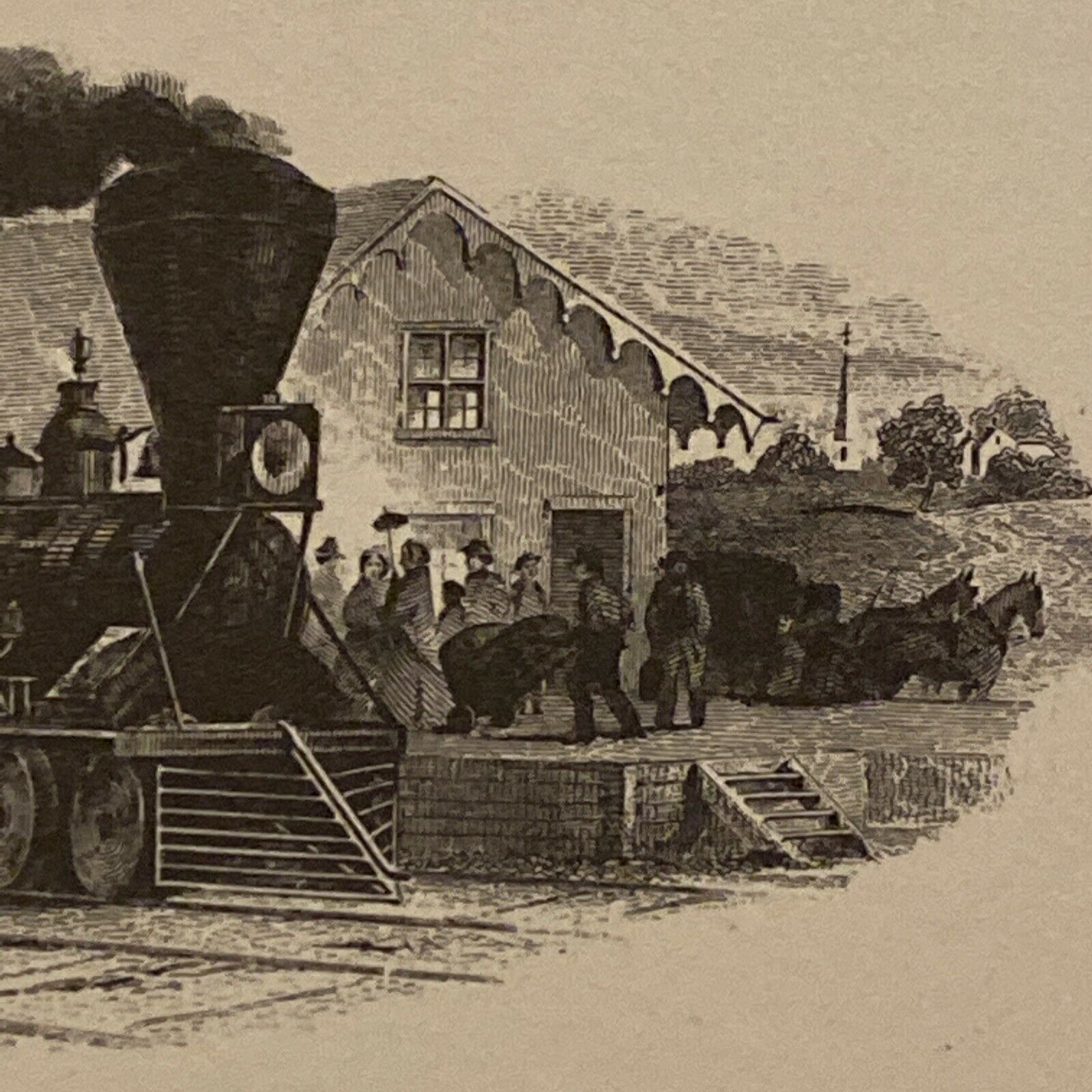 Early Steam Engine Train at Depot Circa 1870 Nationa Bank Note Co ...