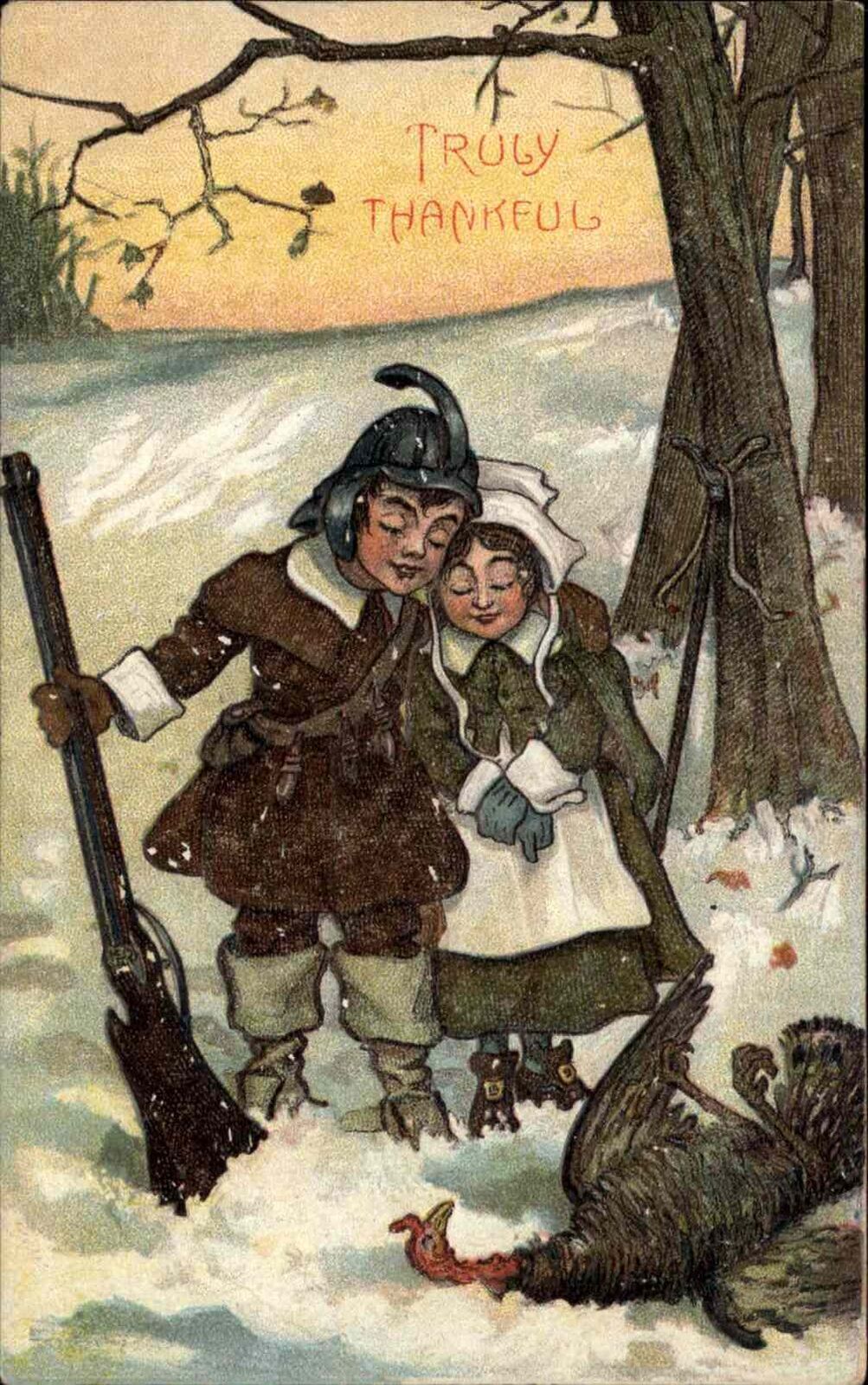 Thanksgiving Pilgrims with Gun Shoot Turkey c1910 Vintage Postcard ...