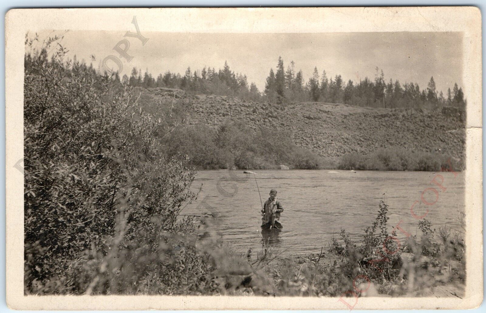 c1910s Young Man Fishing RPPC Boy In River w/ Fish Real Photo Postcard ...