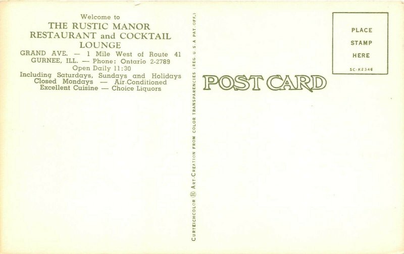 Gurnee Illinois 1960s Postcard Rustic Manor Restaurant & Cocktail ...