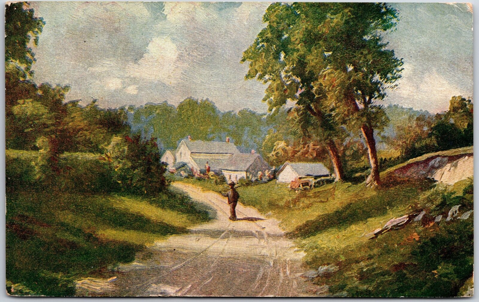 Countryside Living Pathway Through the Houses Man Walking Hand Colored ...