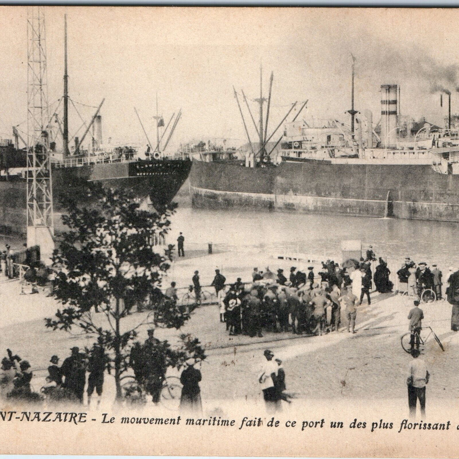 c1900s Saint-Nazaire, France Steamship Port Ships Crowd Bicycles Towers ...