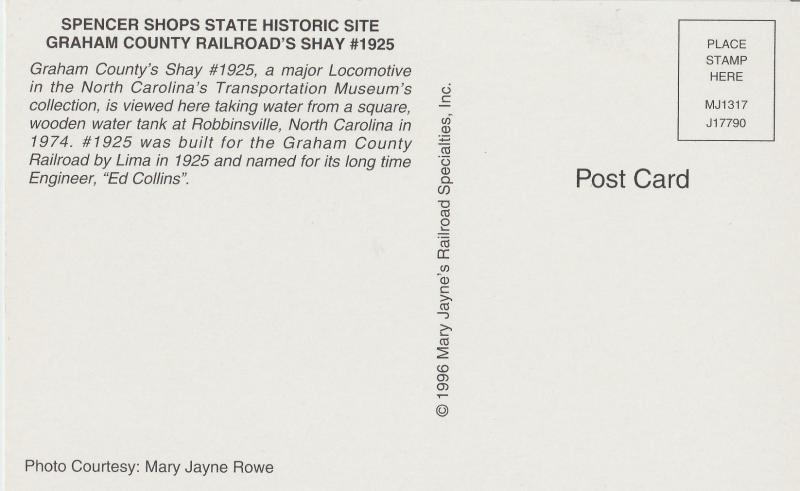 Graham County Railroad's Shay #1925 Postcard Spencer Shops Steam Train ...