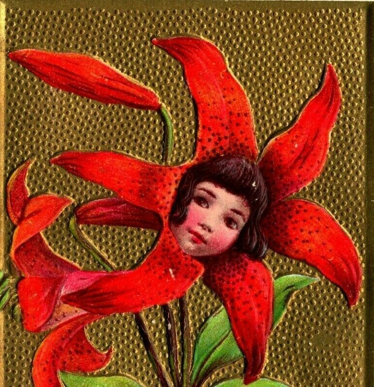 Viso IN Lily Fiore Dorato Goffrato Compleanno Auguri Cartolina 1908 ...