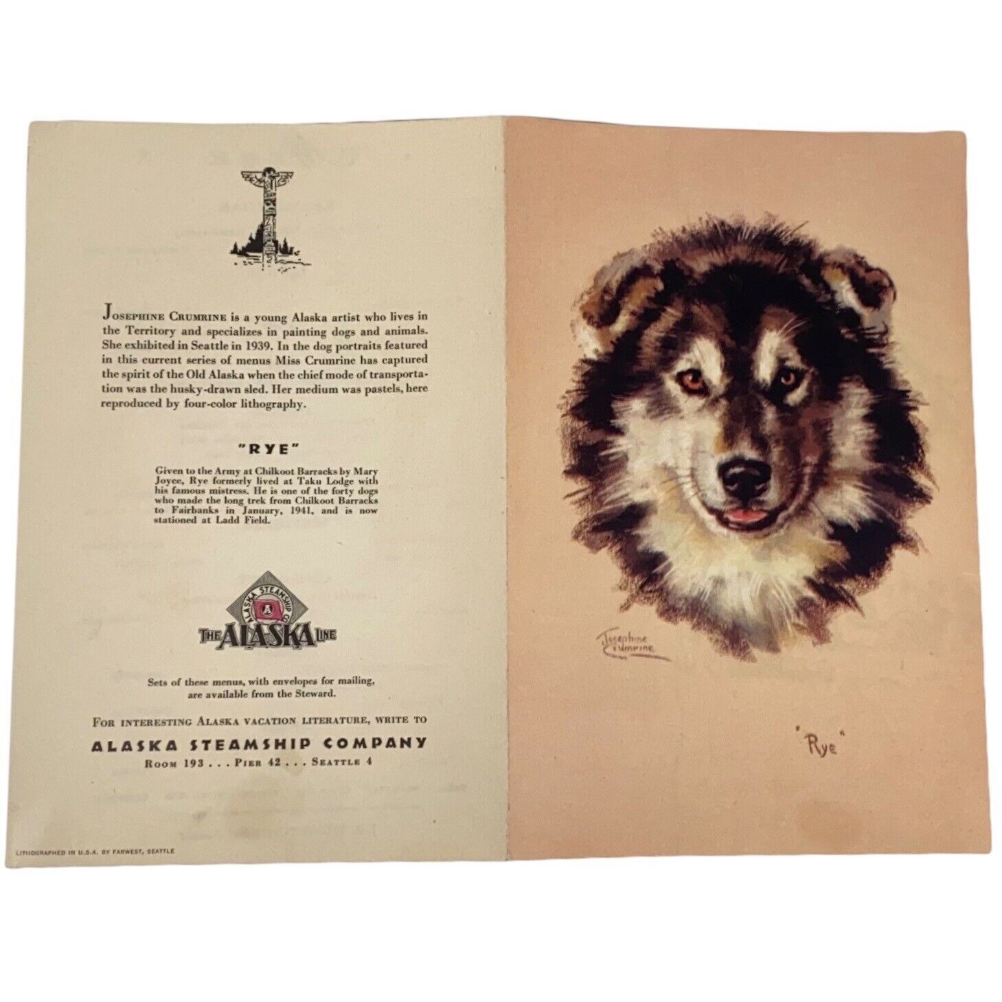 1949 Alaska Steamship Line S.S. Aleutian Lunch Menu - Malemute Dog ...