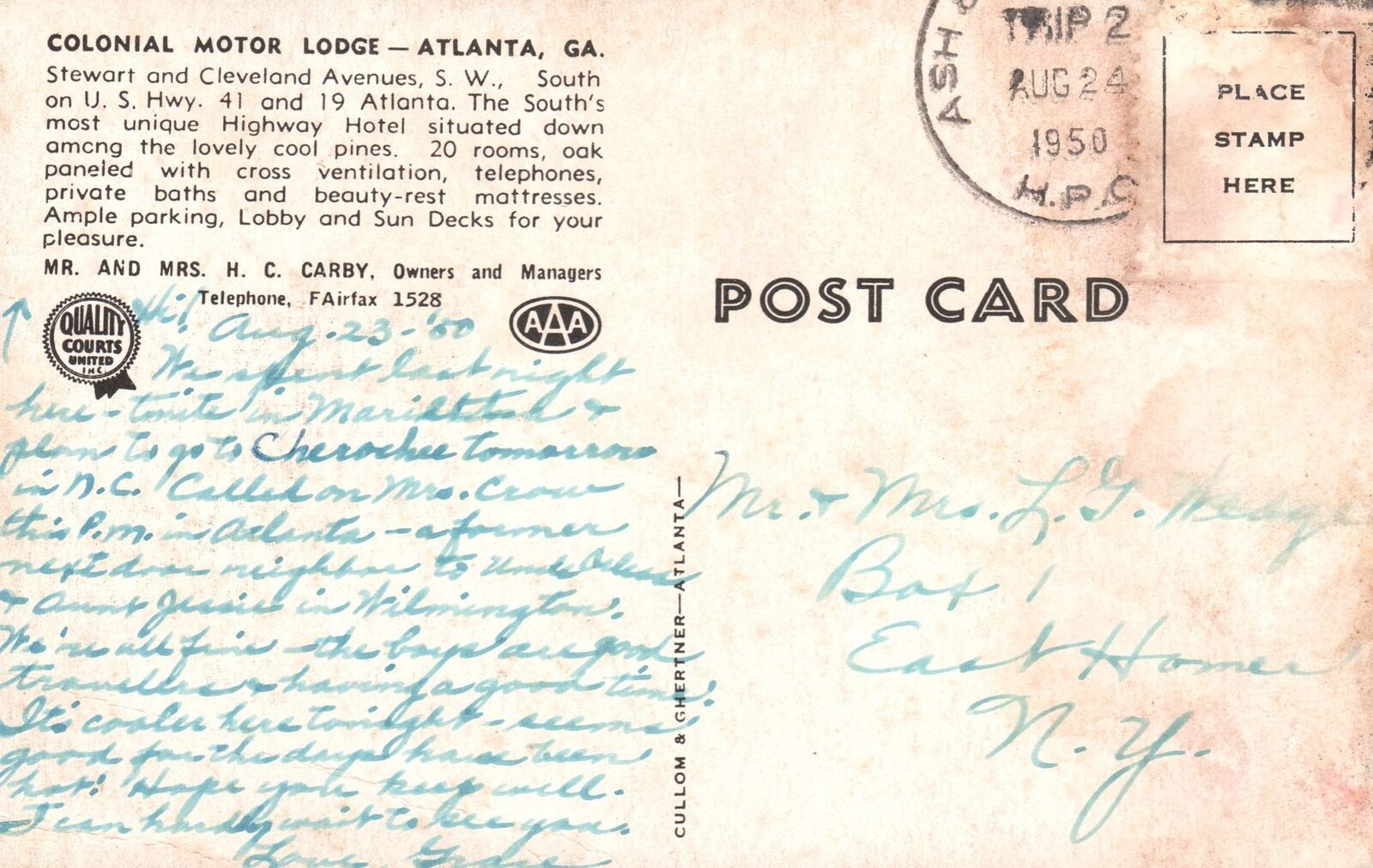 Vintage Postcard 1950's Colonial Motor Lodge Highway Hotel Atlanta ...