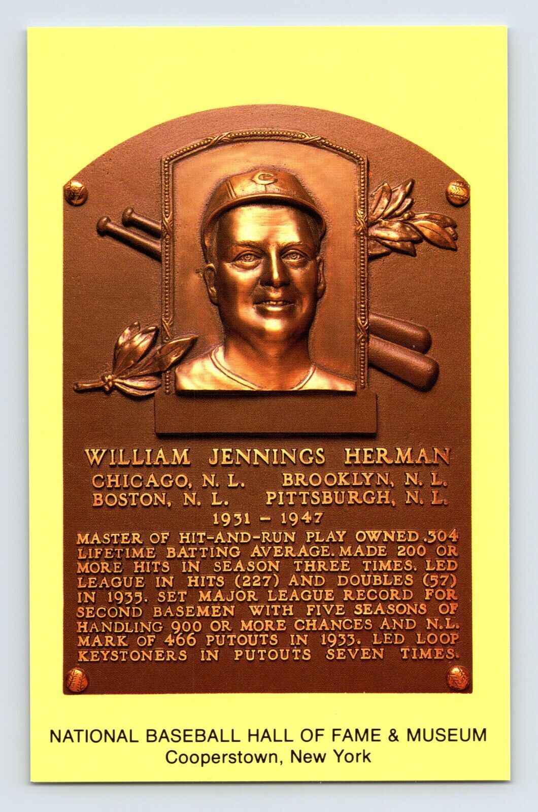Postcard Baseball William Jennings Herman Hall Fame Plaque 1990s ...