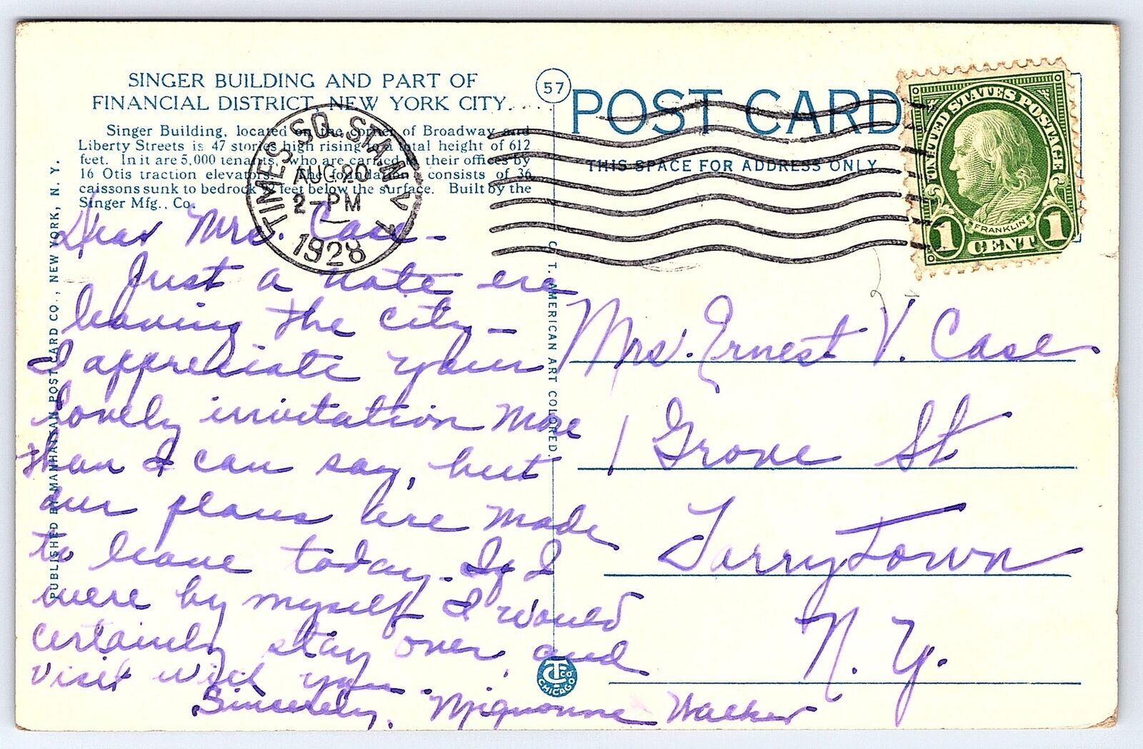 1928 Singer Building & Part Of Financial District New York City Posted ...