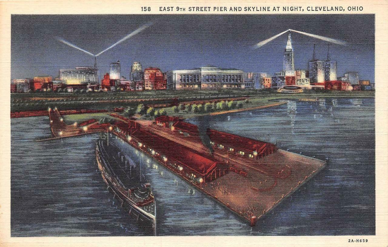 CLEVELAND, Ohio OH EAST 9th STREE PIER & SKYLINE Night View ca1940's ...