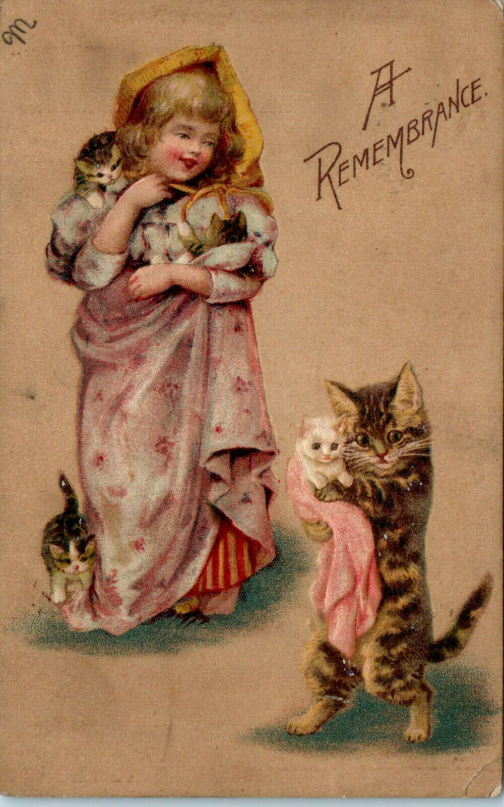 1900s Little Girl with Kittens Cats "A Remembrance" Anthropomorphic ...