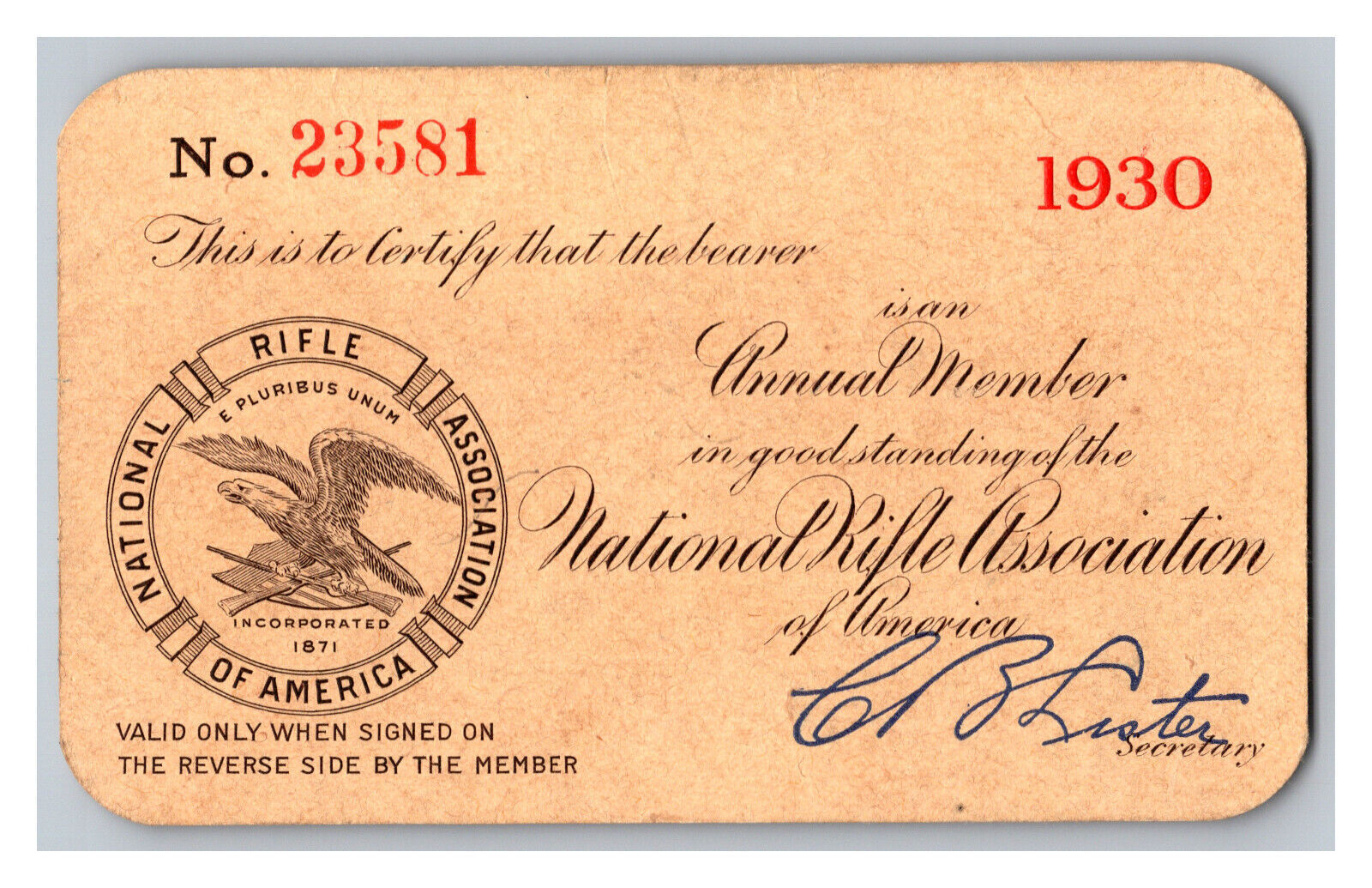 National Rifle Association NRA Vintage 1930 Annual Membership Card ...