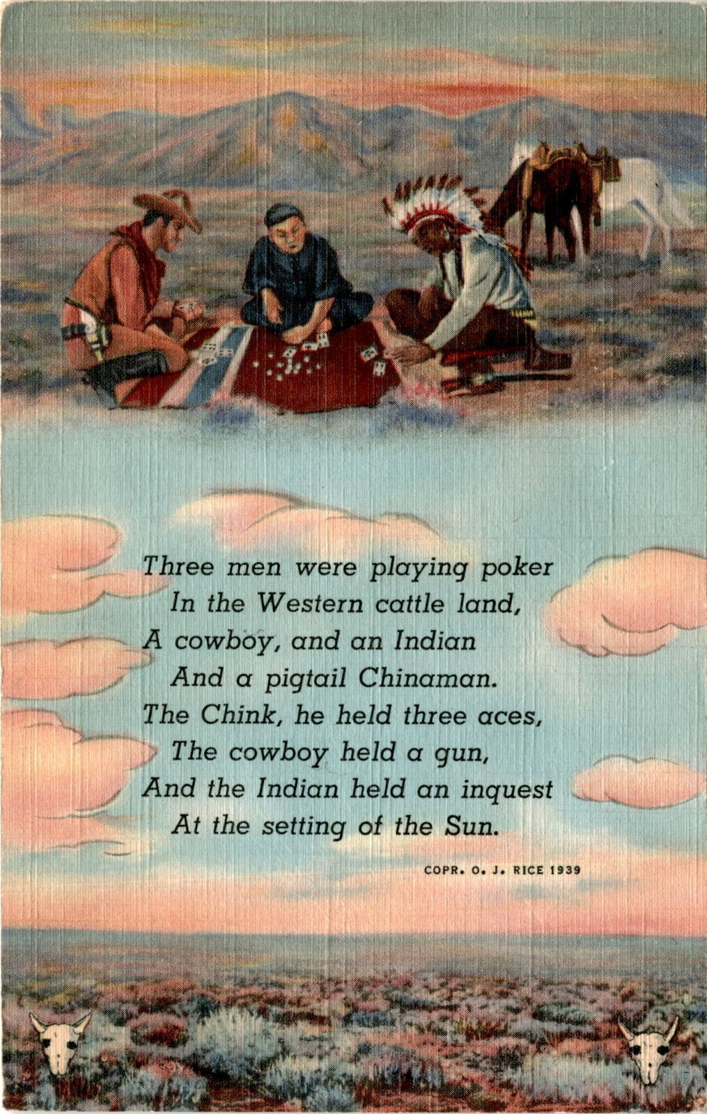 Western cattle land, Cowboy, Indian, Pigtail Chinaman, Sun, O. J. Rice ...