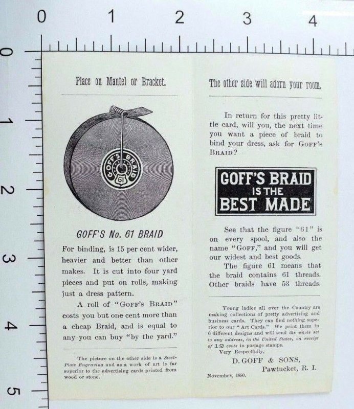 1880 Engraved Folder Card D. Goff & Sons Goff's Braid Lake Sea Wild ...