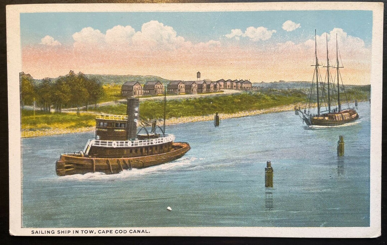 Vintage Postcard 1916 Sailing Ship in Tow Cape Cod Canal Massachusetts ...