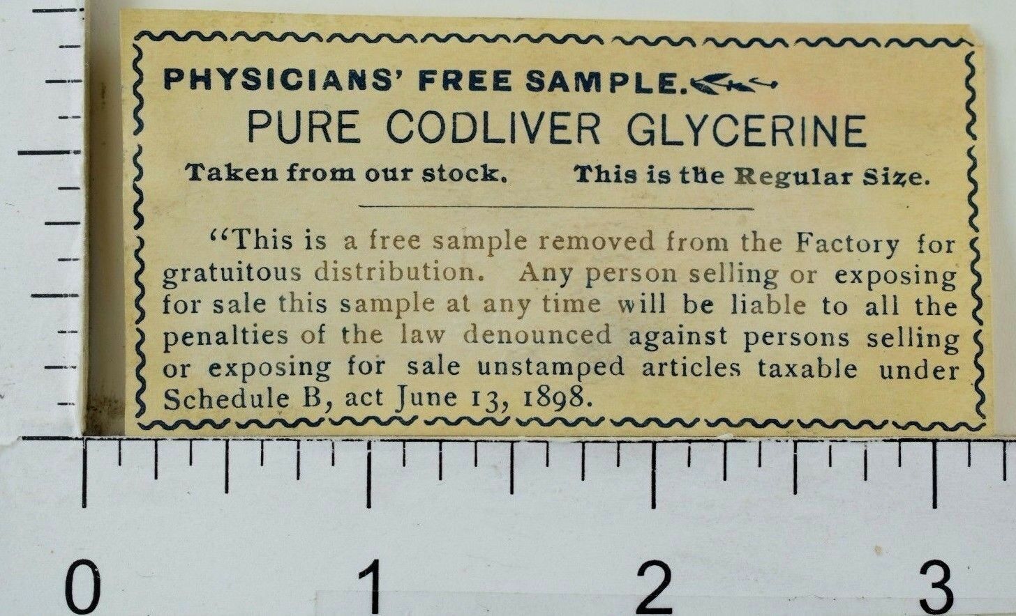 1898 Bottle Label Pure Codliver Glycerine Physician's Free Sample F93 ...