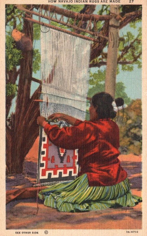 Vintage Postcard 1954 Navajo Indian Rug Making Outdoor Weaving Woman at ...