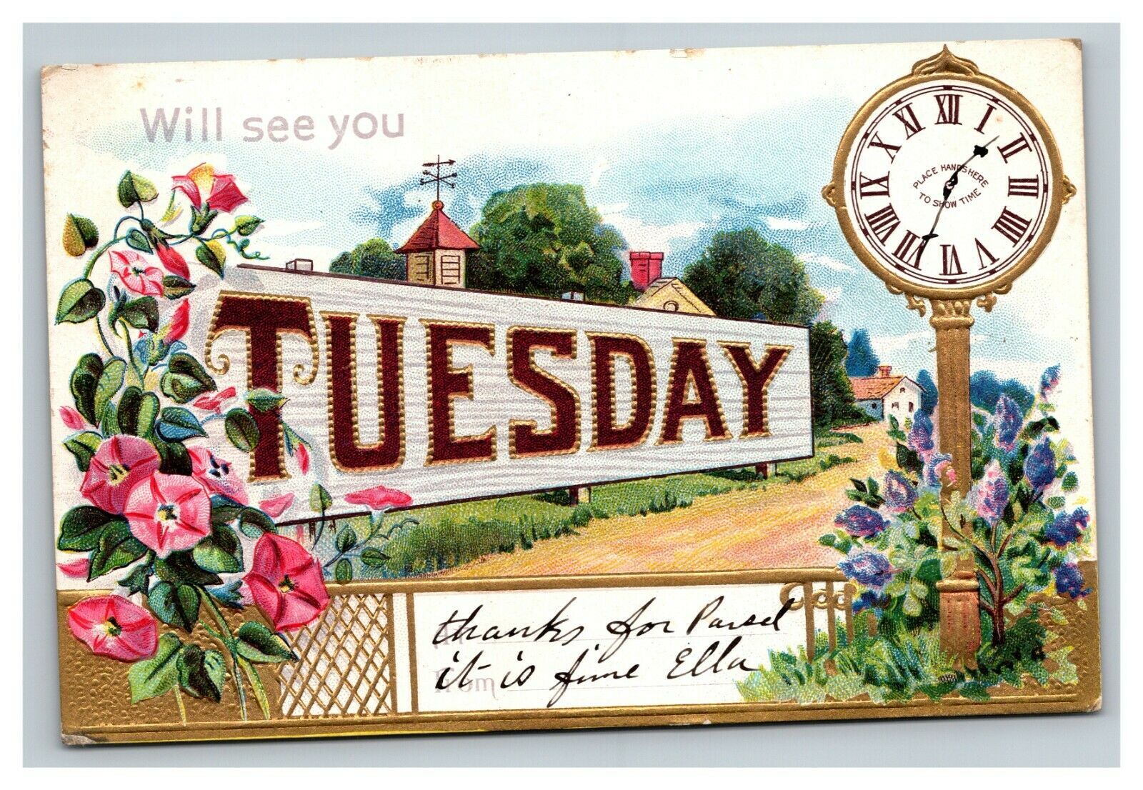 Vintage 1913 Tuesday Appointment Postcard Hand Drawn Hands for Time ...
