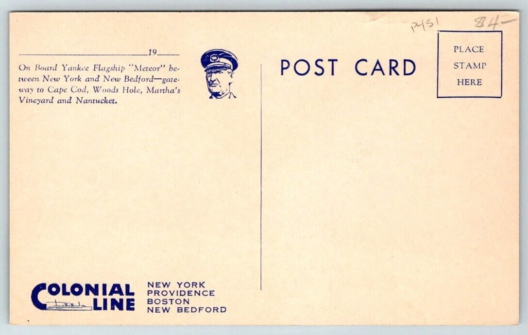 Colonial Line Yankee Flagship Meteor New York to New Bedford Postcard ...