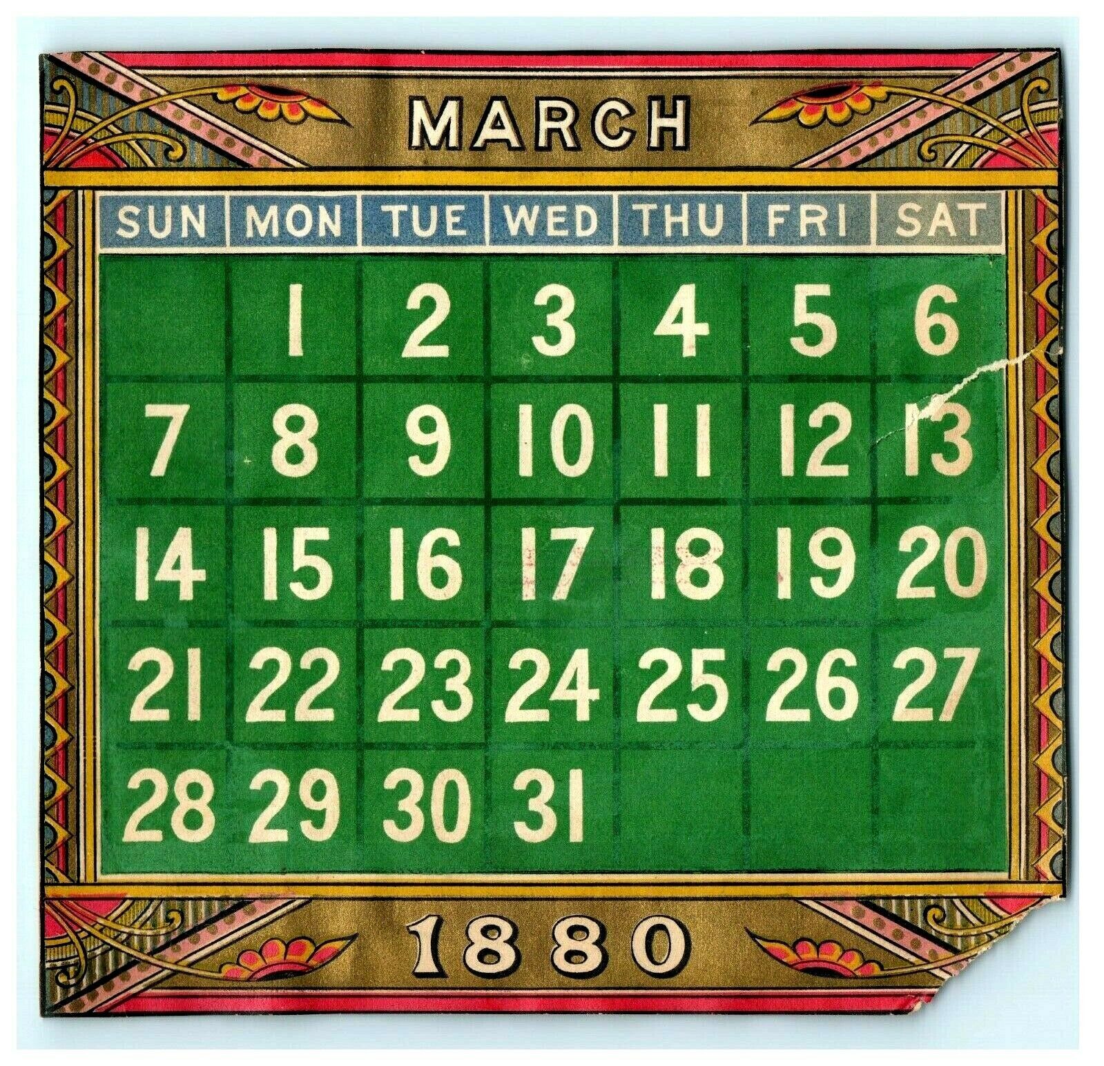 1880 Graphical Scrap Cincinnati OH Printers March Calendar Art Nouveau ...