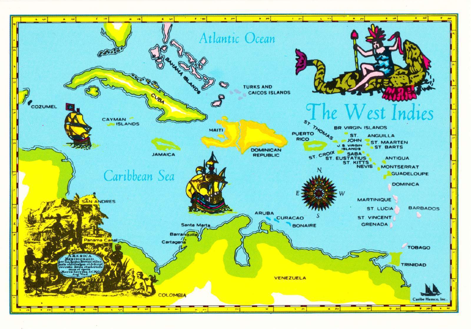 Postcard of Caribbean West Indies Map with Sea Monster 1980s | Latin ...