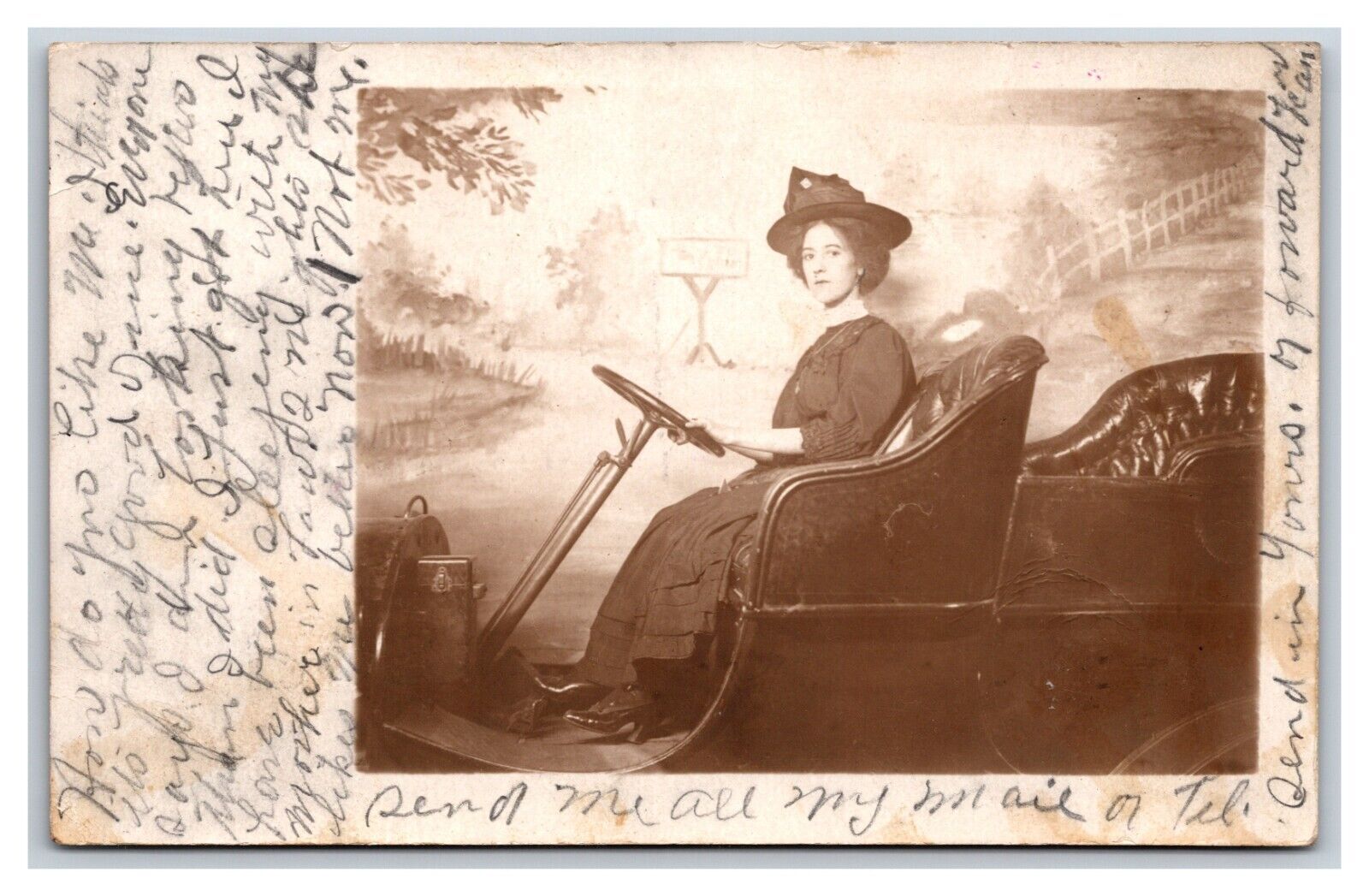 RPPC Studio View Very Proper Woman Driving Prop Automobile Car 1908 ...