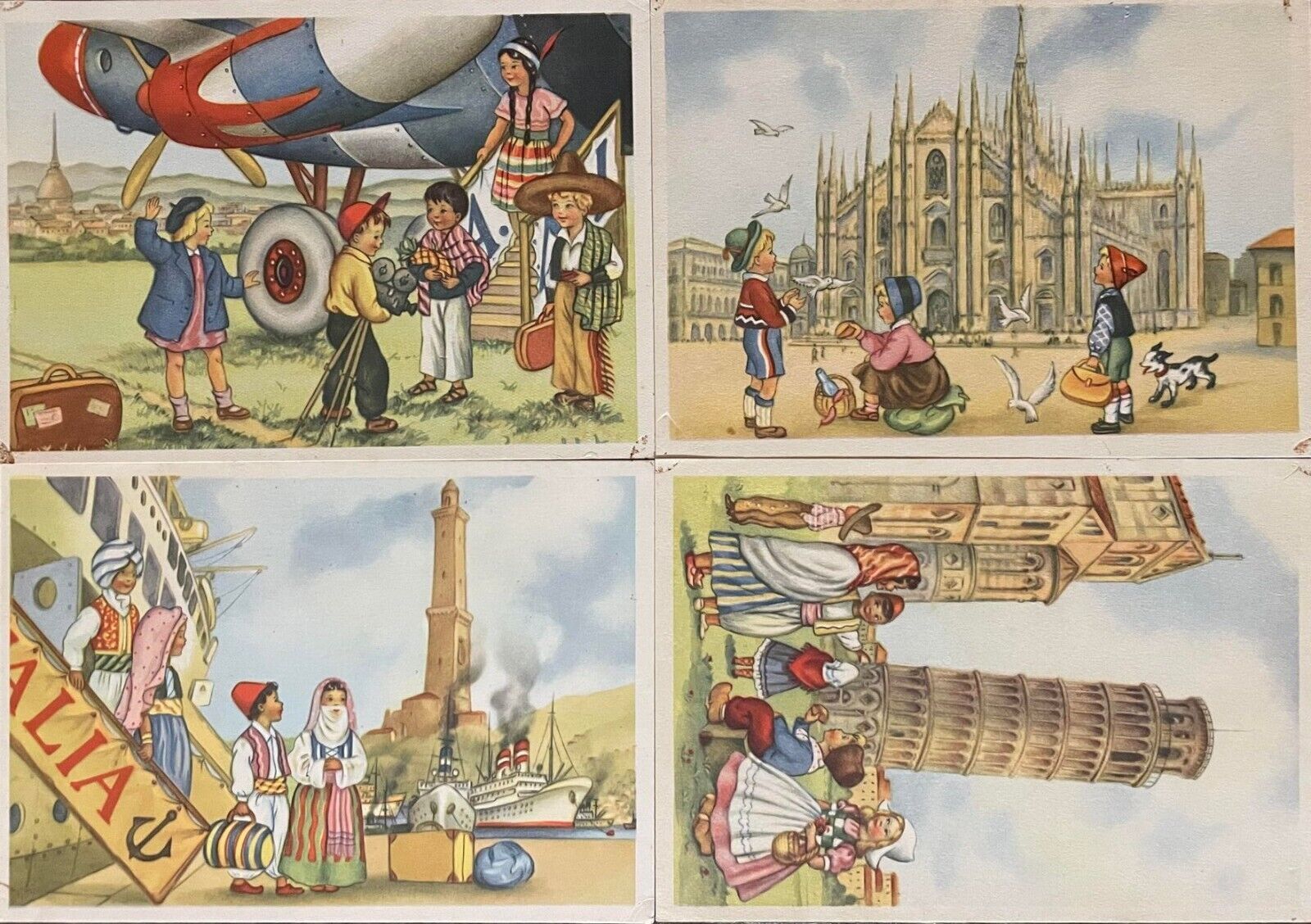 Set 4 postcards children caricatures tourists in Italy Pisa Milano ...