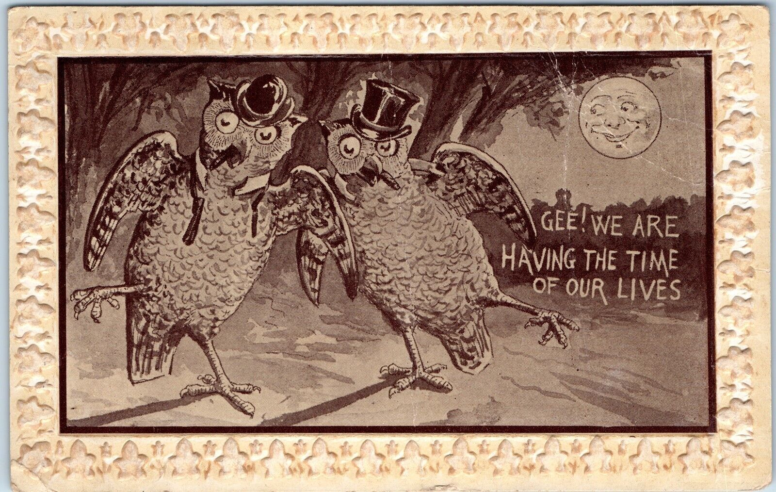 c1910s Anthropomorphic Owls Dancing Smoke Cigar GEE! Postcard Time Moon ...