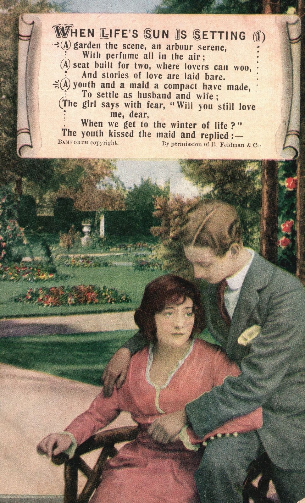 Vintage Postcard 1900's When Life's Sun Is Setting Couple Lovers Garden ...