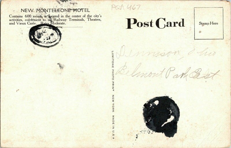 New Monteleone Hotel New Orleans BW Postcard Vieux Carre Lumitone Photo ...
