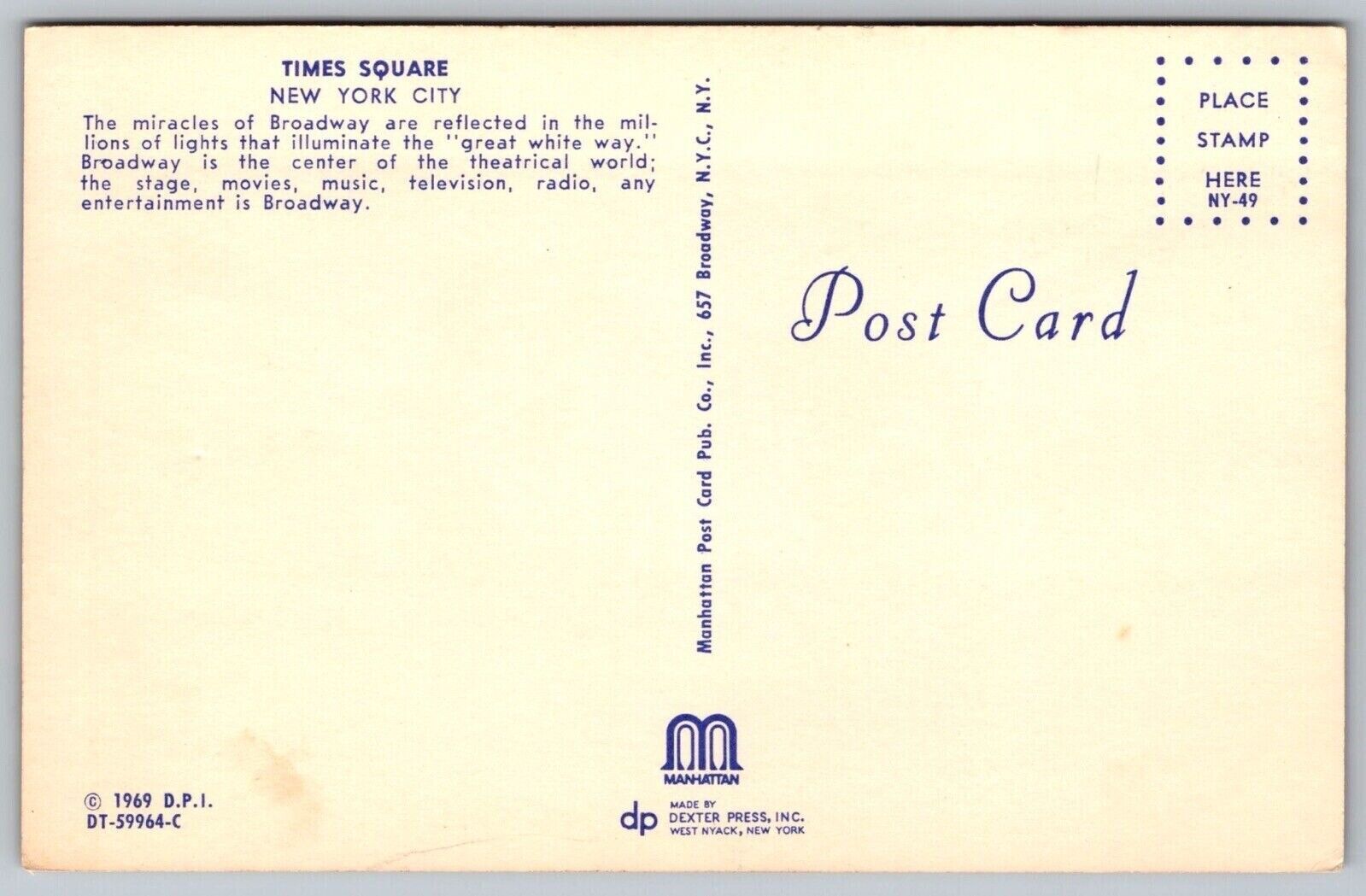 Times Square New York City NY Broadway Postcard UNP VTG Dexter Unused ...