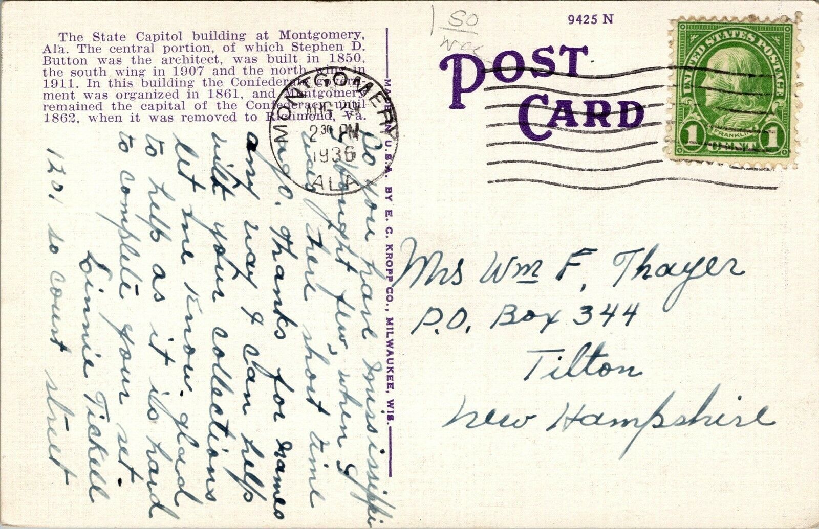 Vtg Montgomery Alabama AL State Capitol 1930s Linen Postcard | United ...