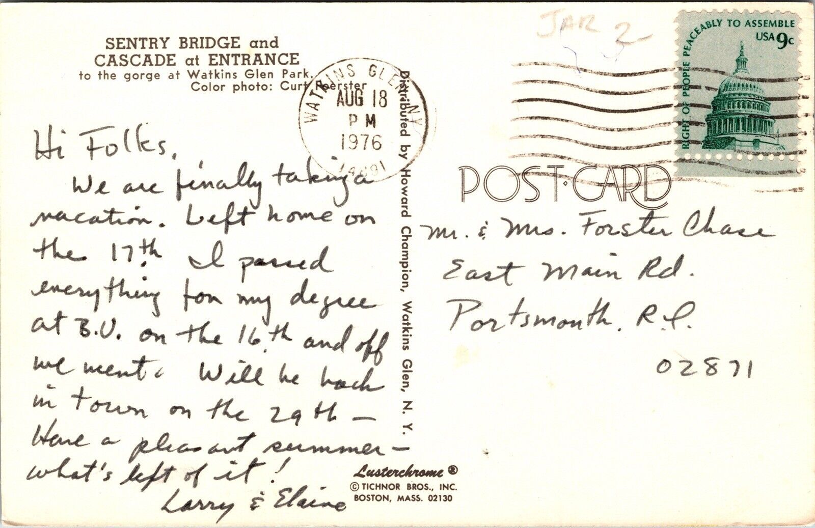 Sentry Bridge Cascade Entrance Gorge Watkins Glen Park Postcard PM ...