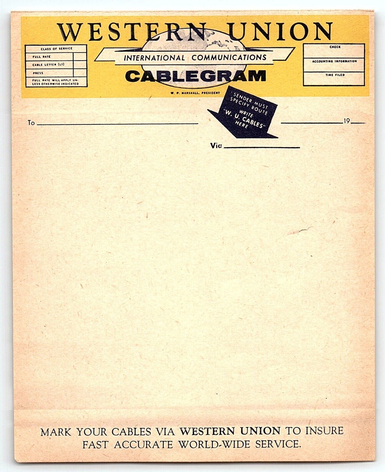 1950s Western Union Cablegram International Communications Note ...