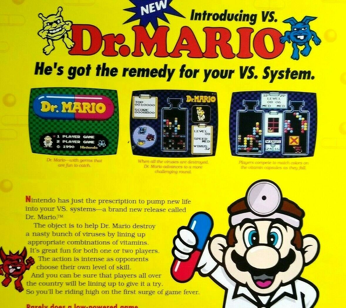 Dr Mario Arcade FLYER Original 1990 Video Game Art Print VS Game System ...
