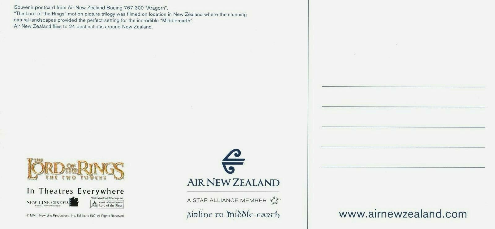 Rare Air New Zealand Airline Lord of the Rings Aragorn Postcard Middle ...