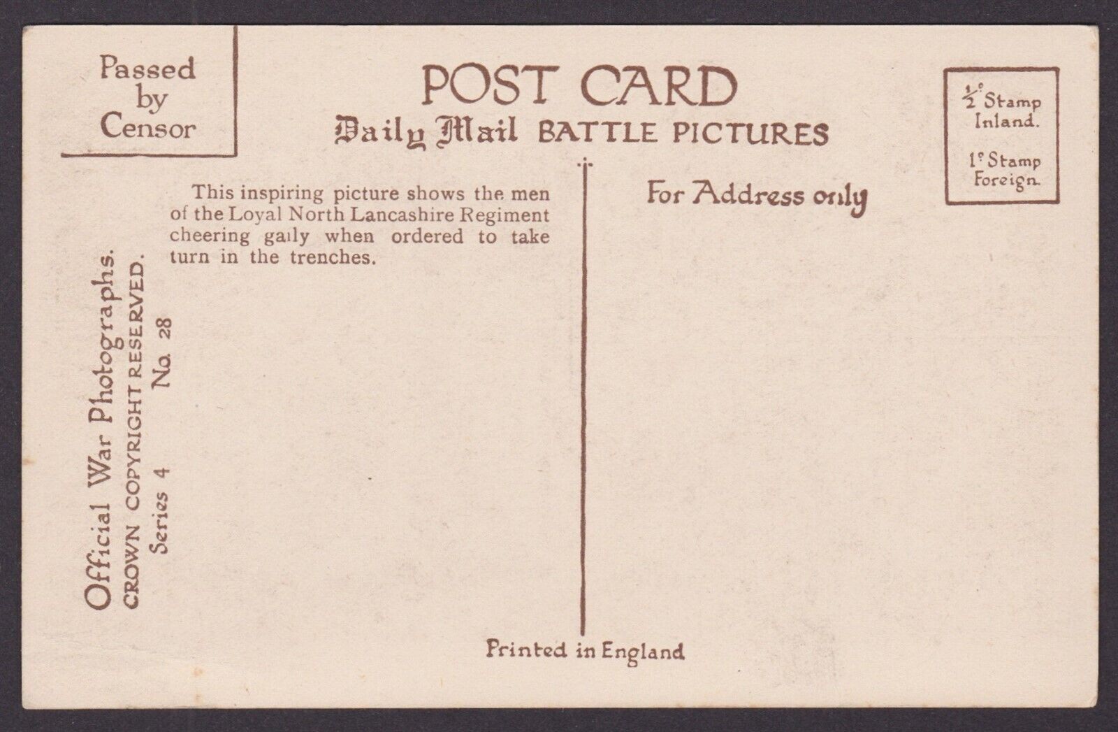 GREAT BRITAIN, Postcard, North Lancs regiment cheering to the trenches ...